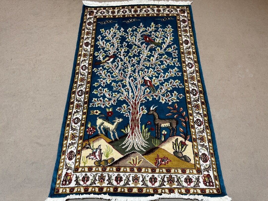 3x5 Teal Tree of Life Rug - Tree Rug - Silk Rug - Living Room Rug ...