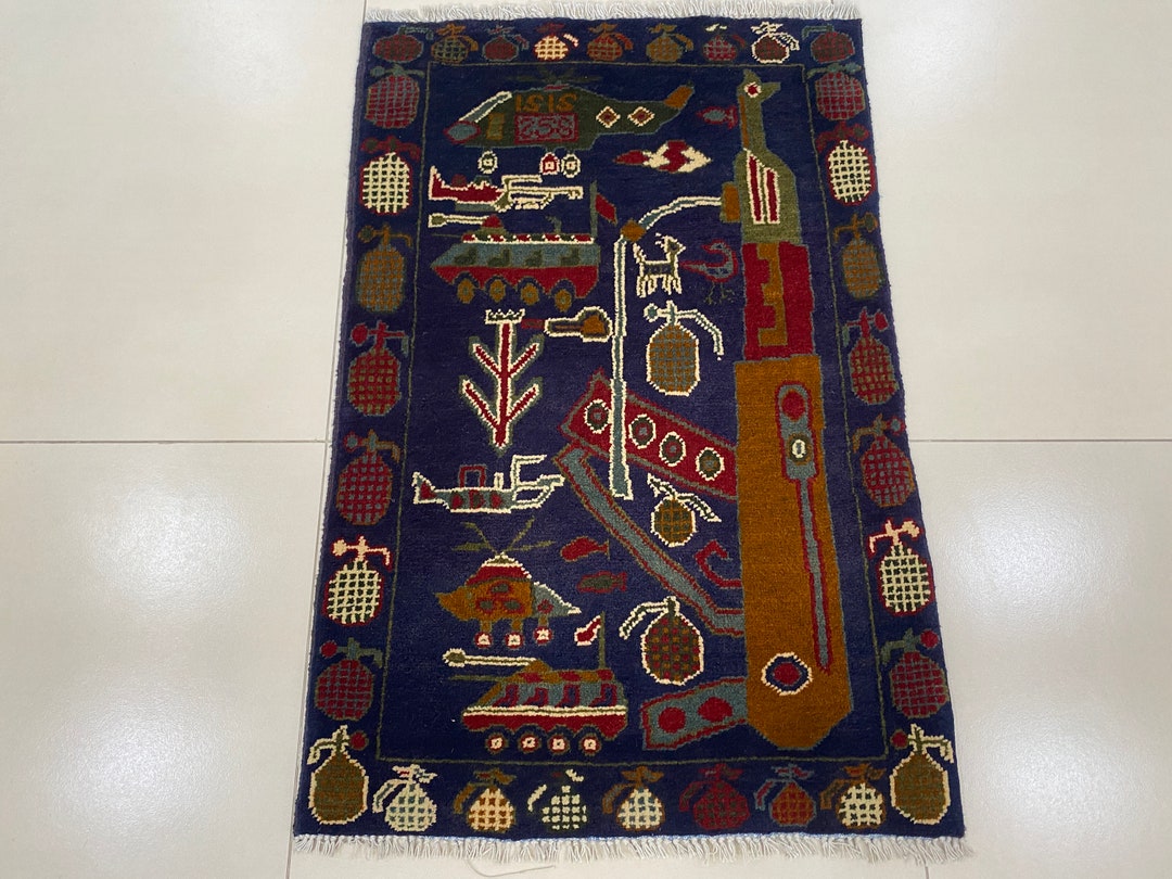 2x3 Navy Blue War Rug - Iconic Kalashnikov Rug - Afghan War Rug ...