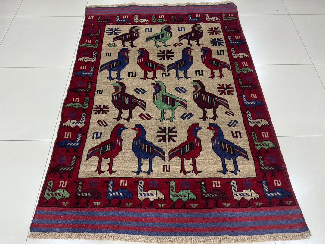 4x6 Beige Pictorial Rug - Pigeon Rug - Birds Rug - Afghan Rug - Baluchi ...