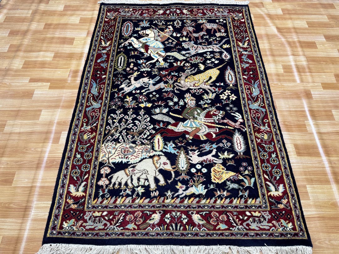 4x6 Navy Blue Hunting Rug Pictorial Rug Wall Rug Woolen Rug Living Room ...