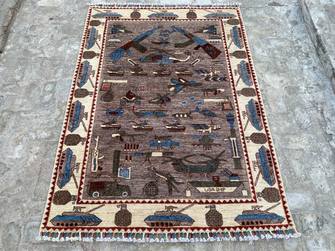4x6 Gray War Rug Afghan War Rug Hand Knotted Rug Kalashnikov Rug Rifle ...