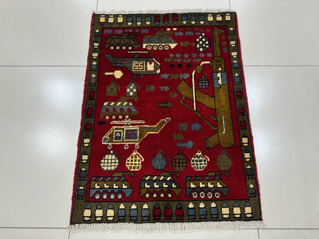 2x3 Red War Rug Iconic Kalashnikov Rug Afghan War Rug Grenade Rug Rifle ...