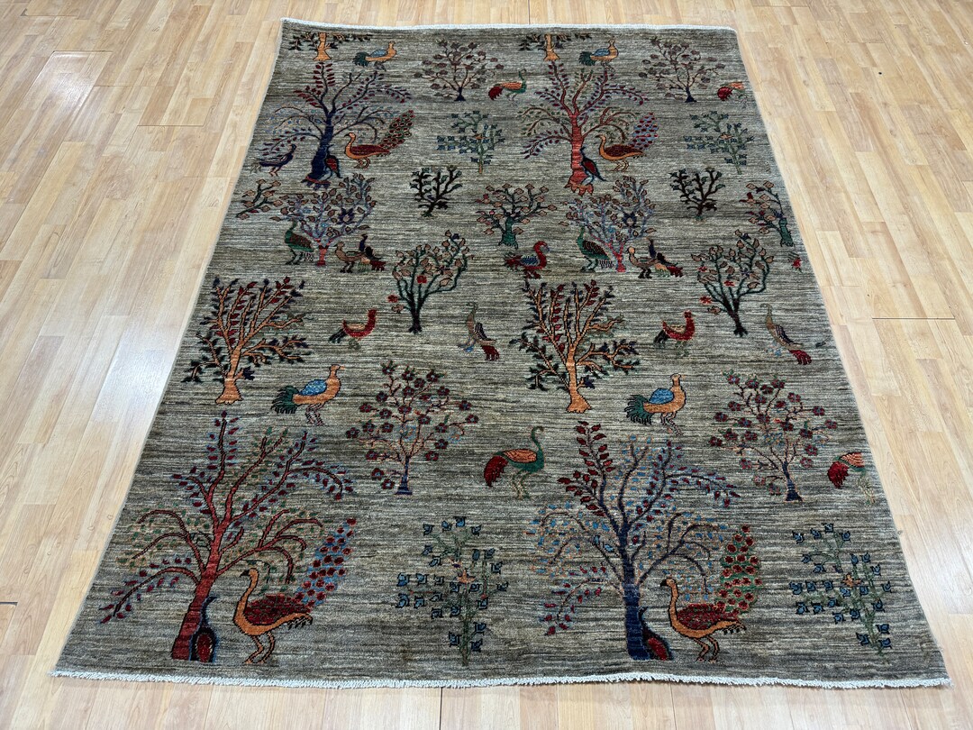 5x7 Natural Tree of Life Rug - Tree Rug - Birds Rug - Woolen Rug ...