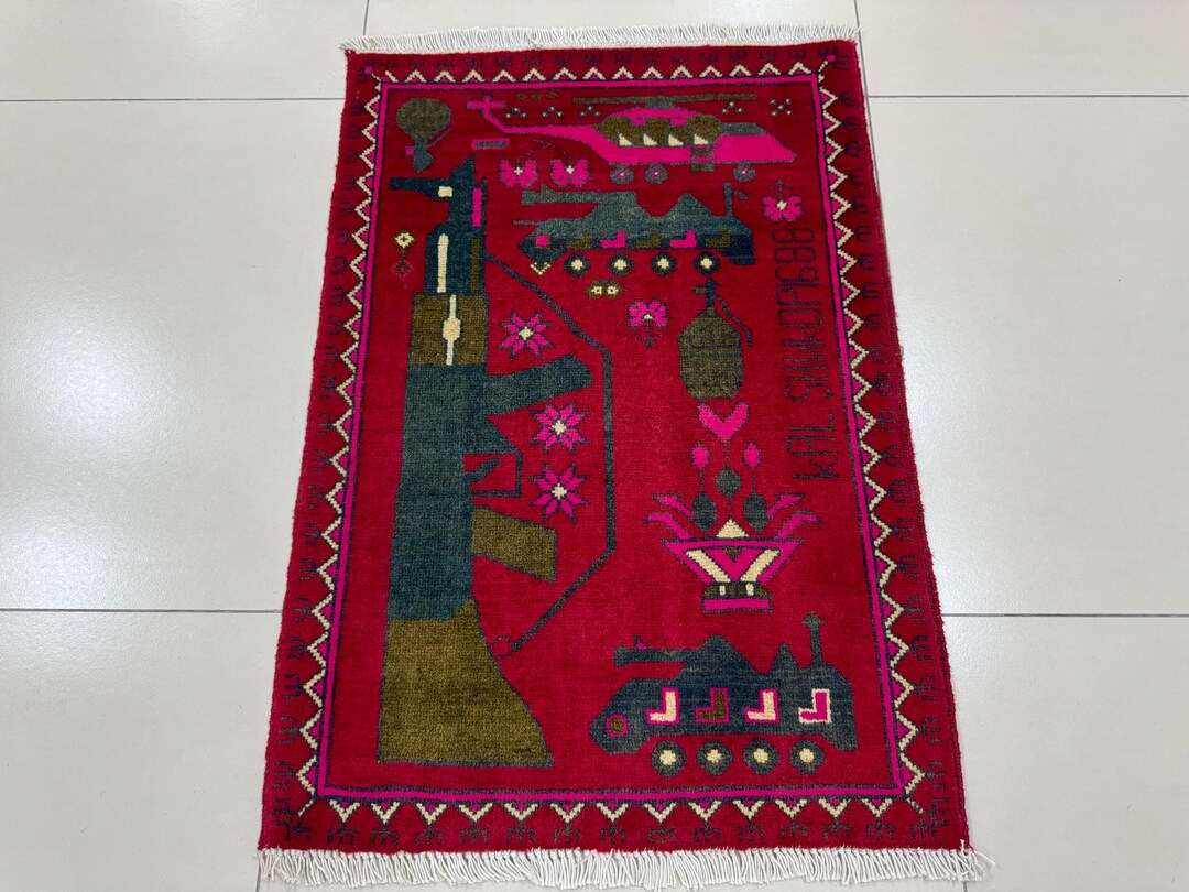 2x3 Red Color War Rug - Iconic Kalashnikov Rug - Afghan War Rug ...