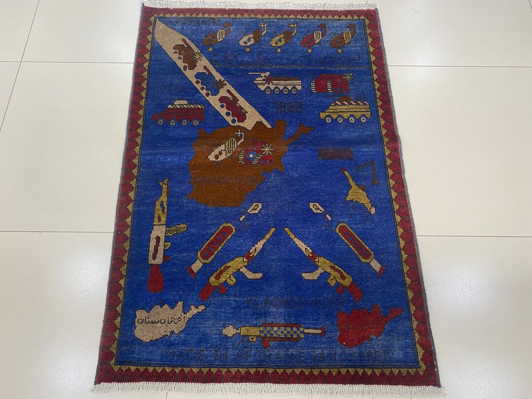 2.6x4 Denim Blue War Rug Kalashnikov Rug Afghan War Rug Grenade Rug ...