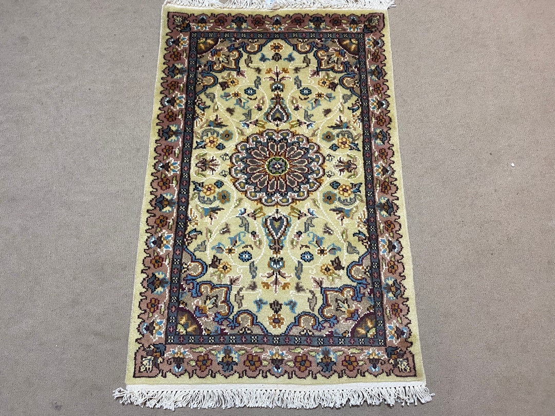 2x3 Beige Floral Oriental Rug - Silk Rug - Door Mat Rug - Bathroom Rug ...