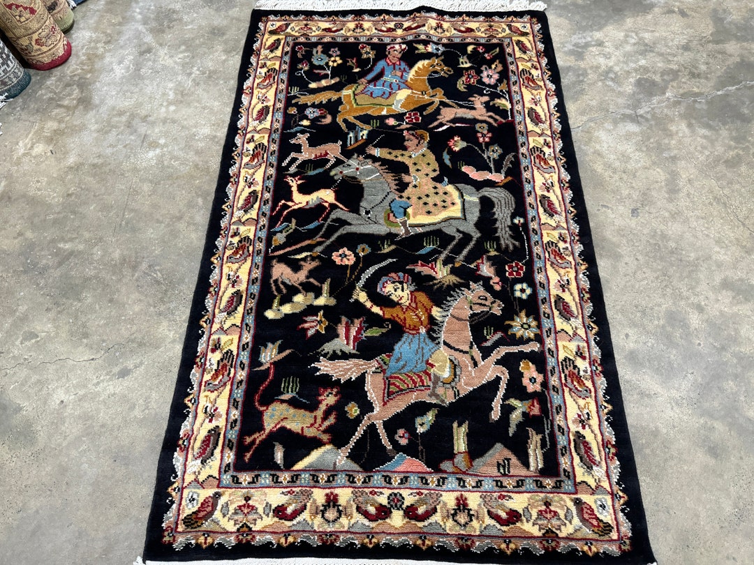 3x5 Black Color Hunting Rug - Table Rug - Hunt Rug - Silk Rug - Sword ...