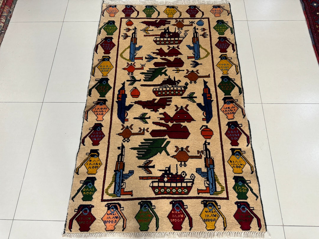 3x5 Beige Color War Rug Kalashnikov Rug Afghan War Rug Grenade Rug ...