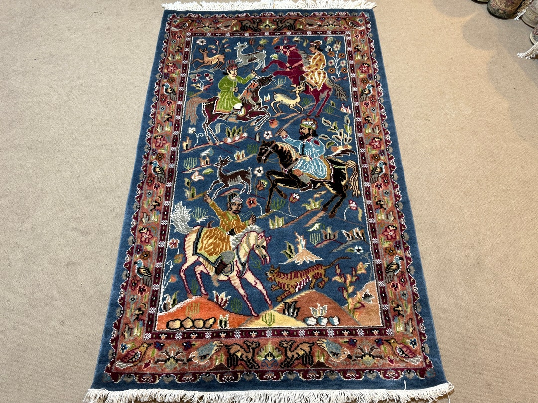 3x5 Denim Blue Hunting Rug Birds Rug Tree Rug Pictorial Rug Silk Rug ...