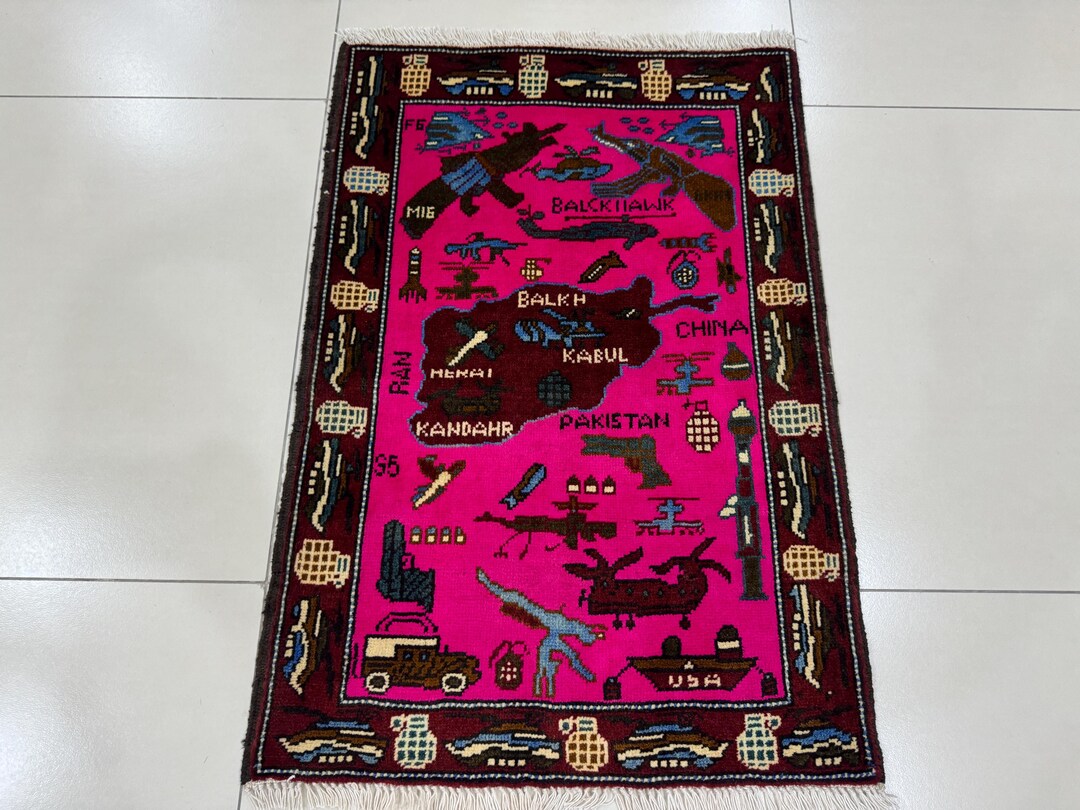 2x3 Red Color War Rug Iconic Kalashnikov Rug Afghan War Rug Grenade Rug ...
