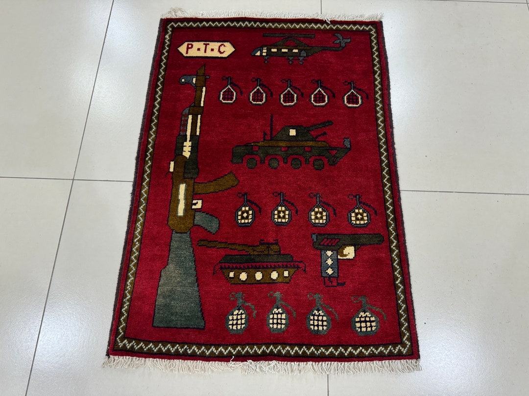 2x3 Red War Rug Iconic Kalashnikov Rug Afghan War Rug Grenade Rug Rifle ...