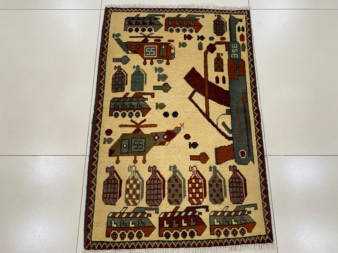 2x3 Ivory War Rug Iconic Kalashnikov Rug Afghan War Rug Grenade Rug ...