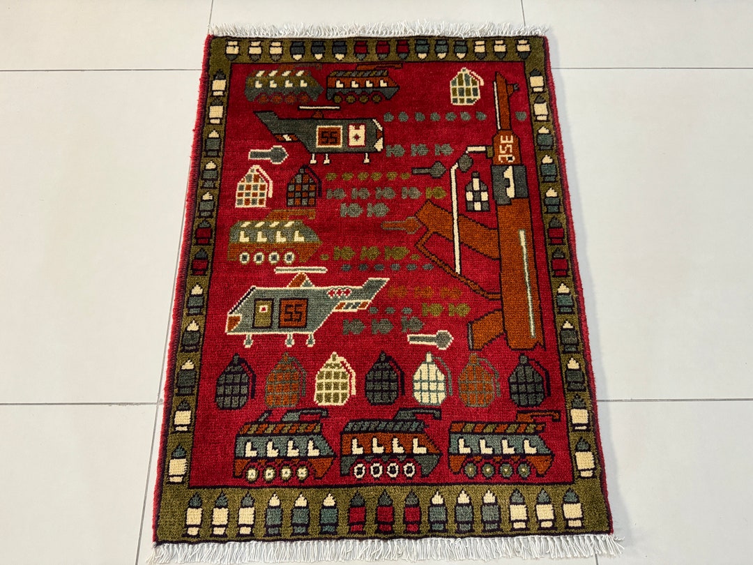 2x3 Maroon War Rug Iconic Kalashnikov Rug Afghan War Rug Grenade Rug ...