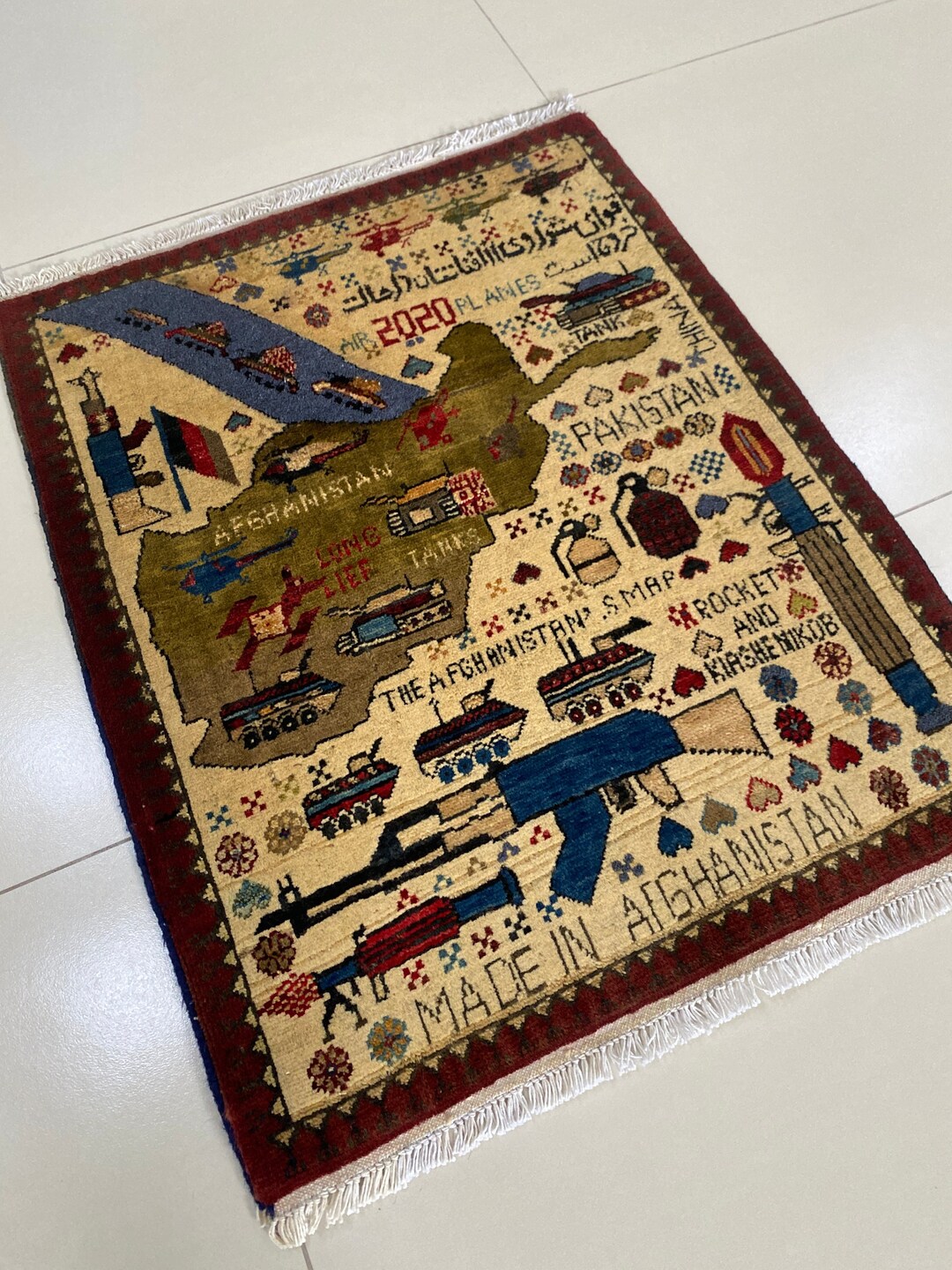 2x3 Ivory War Rug Iconic Kalashnikov Rug Afghan War Rug Grenade Rug ...