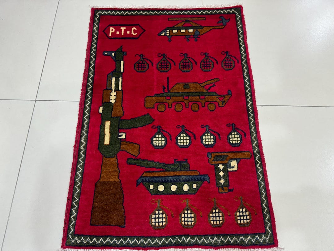 2x3 Red Color War Rug Iconic Kalashnikov Rug Afghan War Rug Grenade Rug ...