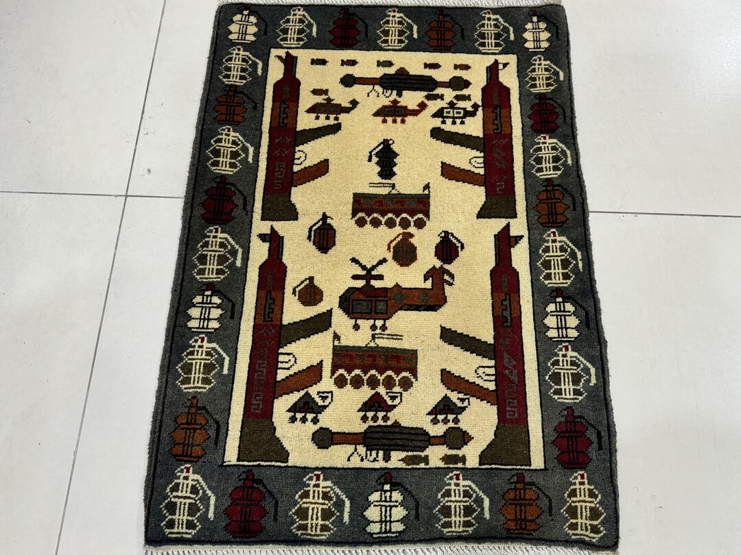 2x3 Ivory War Rug Iconic Kalashnikov Rug Afghan War Rug Grenade Rug ...