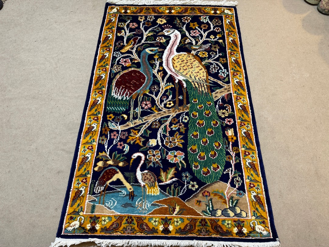 3x5 Navy Blue Peacock Rug - Birds Rug - Tree Rug - Pictorial Rug - Silk ...