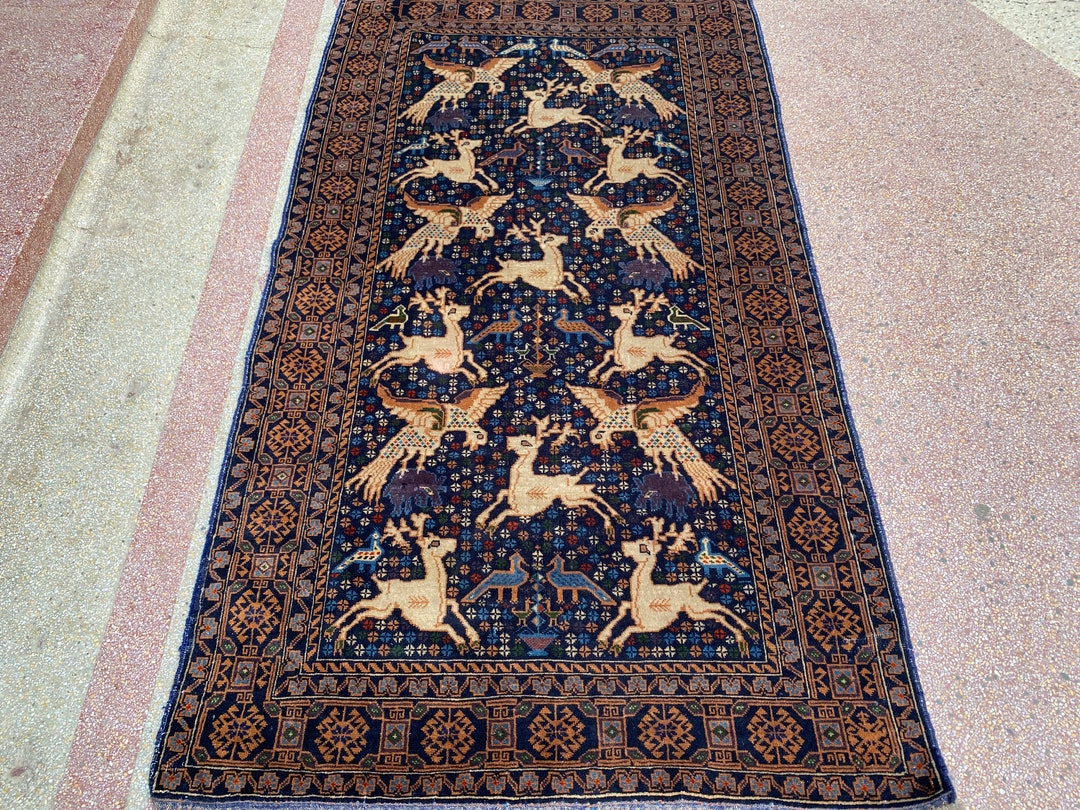 4x6 Navy Blue Pictorial Rug Pigeon Rug Deer Rug Bird Rug Baluchi Rug ...
