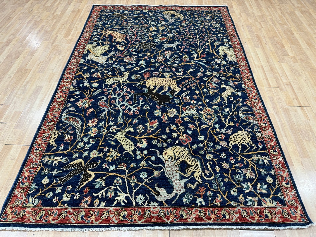 6x9 Navy Blue Hunting Rug Classical Rug Animal Rug Tree Rug Birds Rug ...