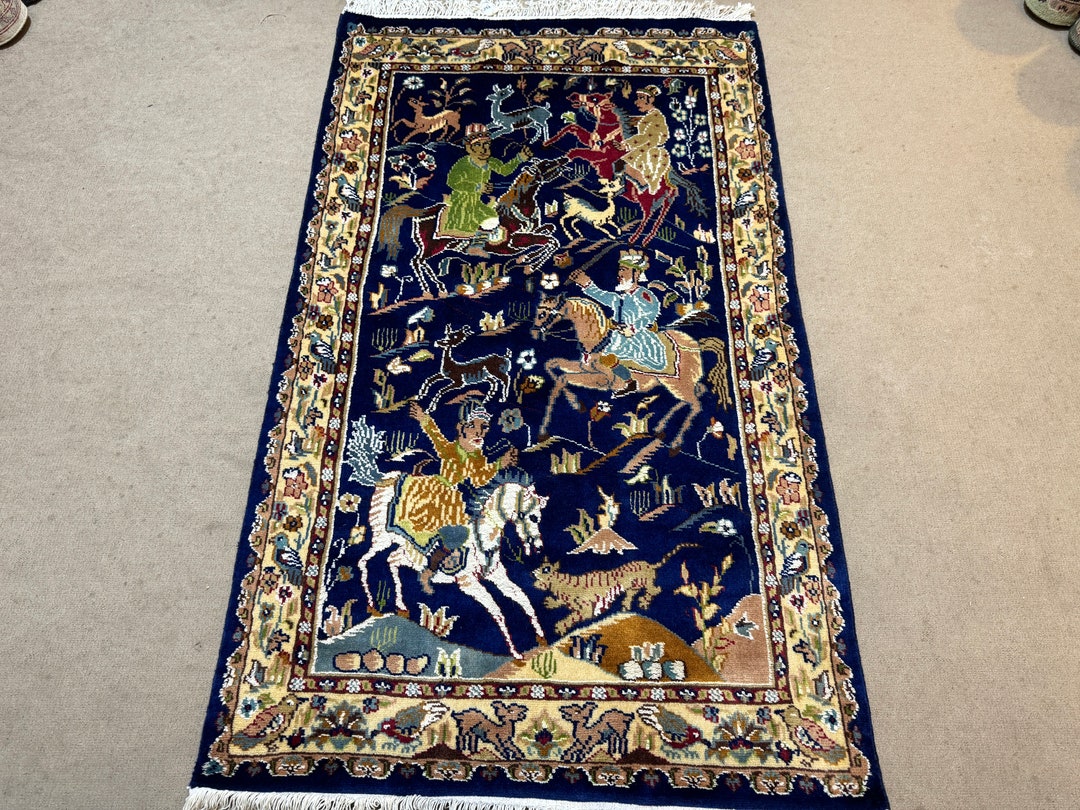 3x5 Navy Blue Hunting Rug - Birds Rug - Tree Rug - Pictorial Rug - Silk ...
