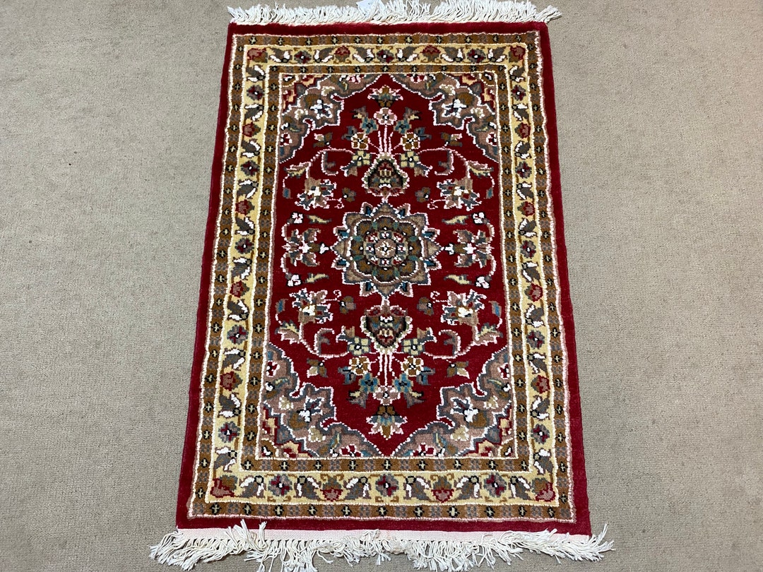 2x3 Carmine Red Floral Rug - Silk Rug - Door Mat Rug - Bathroom Rug ...