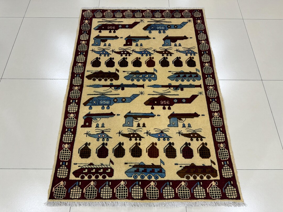 3.4x5 White Color War Rug - 11 September Rug - Afghan War Rug - Grenade ...