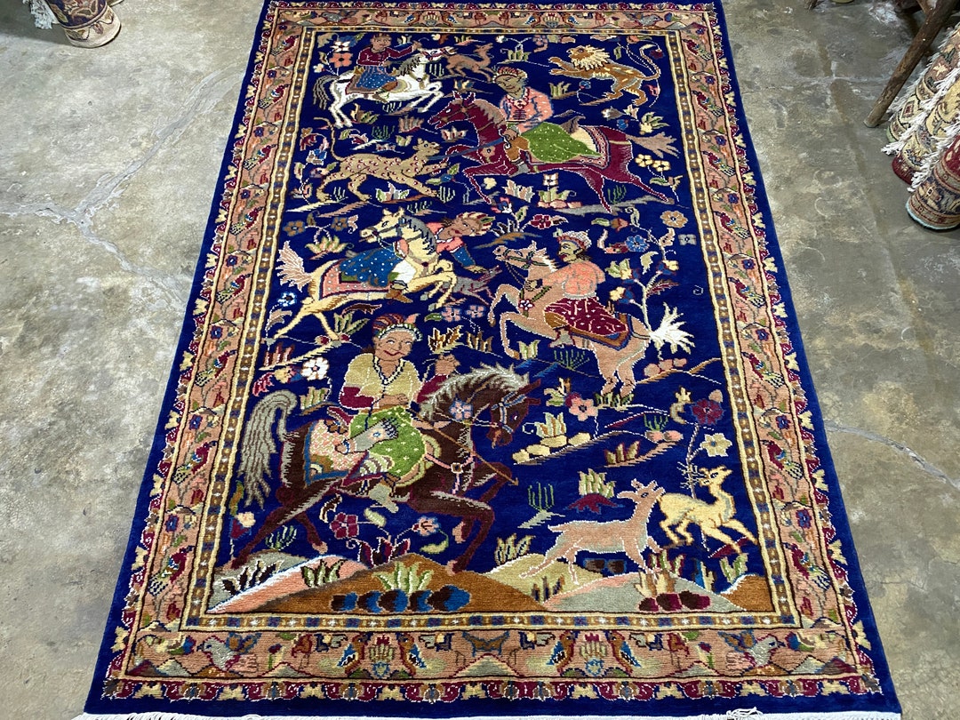 4x6 Navy Blue Hunting Rug - Table Rug - Hunt Rug - Silk Rug - Sword Rug ...