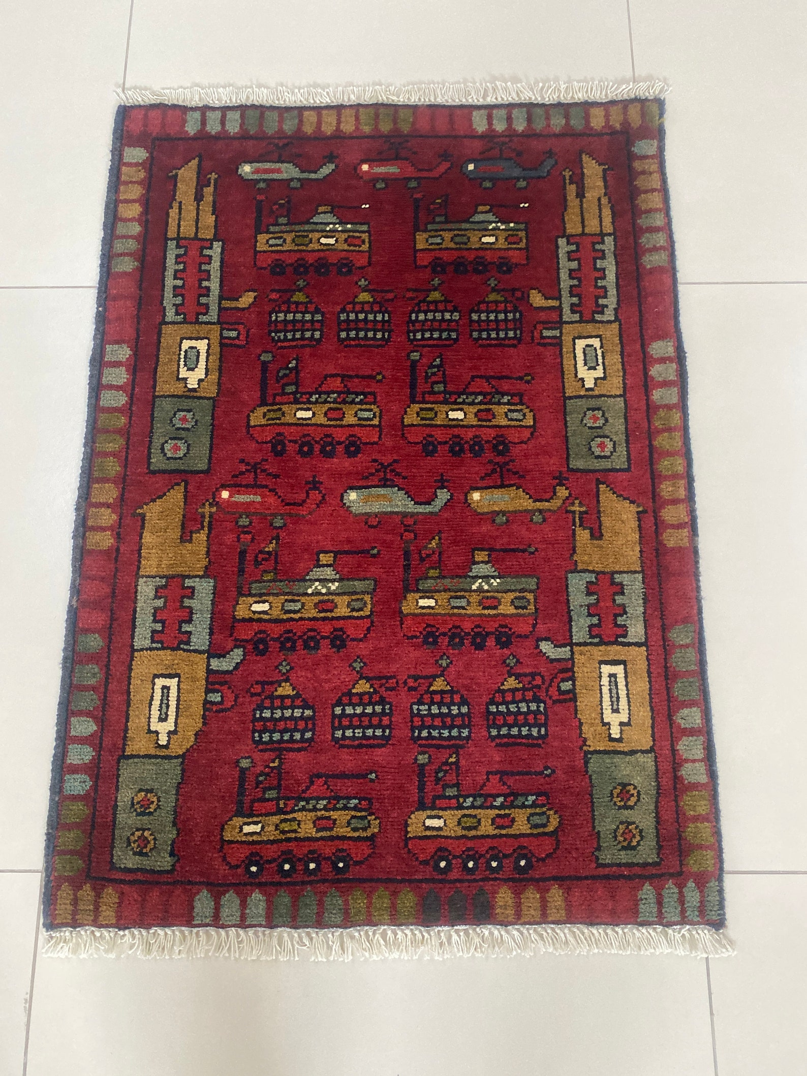 2x3 Maroon War Rug - Iconic Kalashnikov Rug - Afghan War Rug - Grenade ...