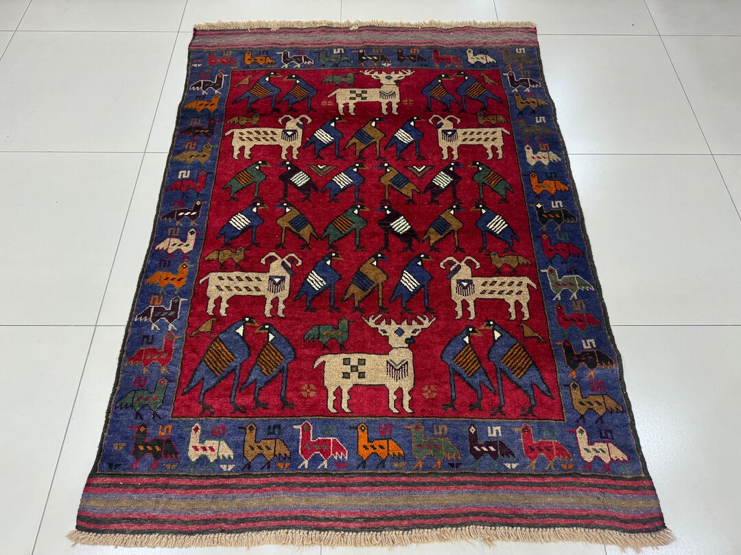 4x6 Red Color Pictorial Rug - Deer Rug - Birds Rug - Pigeon Rug ...