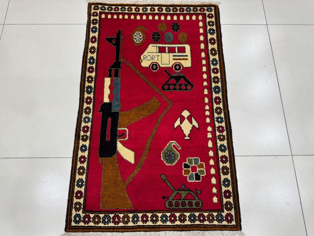 2x3 Red War Rug - Iconic Kalashnikov Rug - Afghan War Rug - Grenade Rug ...