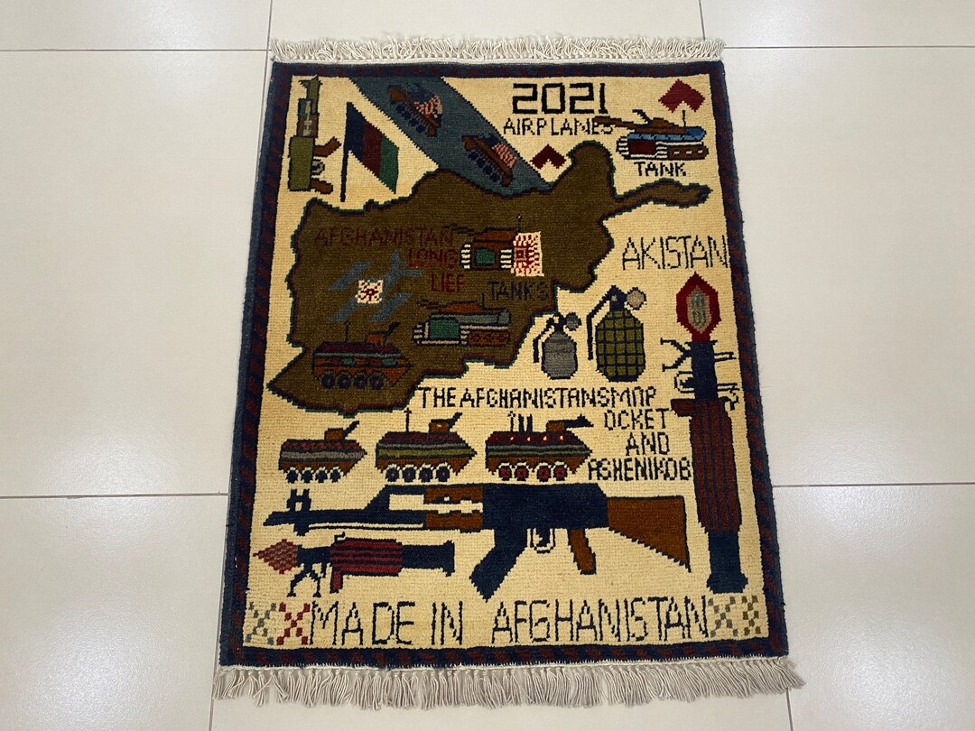 2x3 Ivory War Rug - Iconic Kalashnikov Rug - Afghan War Rug - Grenade ...