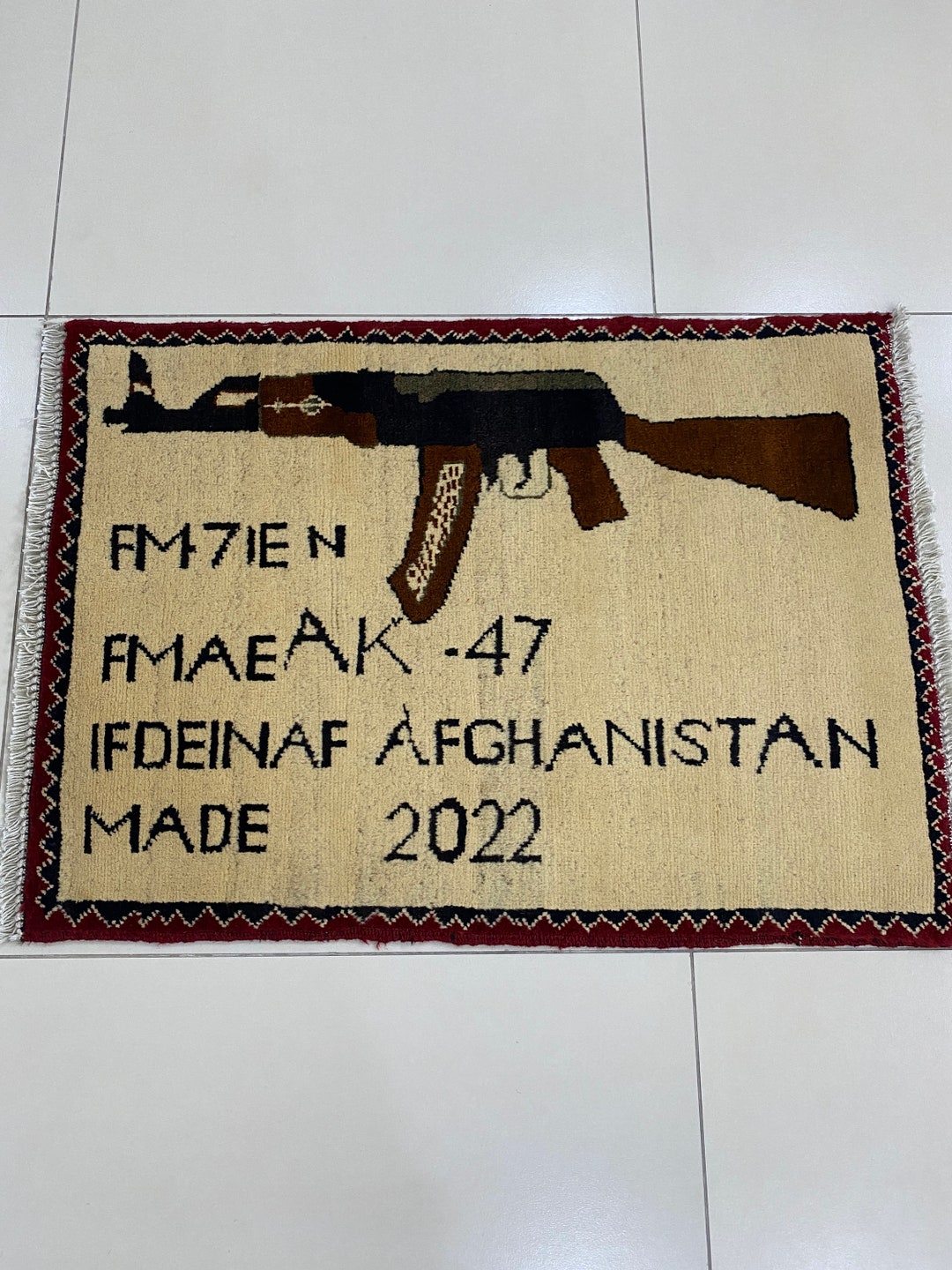 2x3 Ivory War Rug Iconic Kalashnikov Rug Afghan War Rug Grenade Rug ...