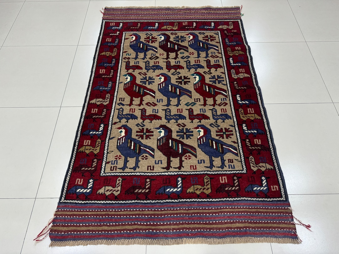 4x6 Beige Pictorial Rug - Pigeon Rug - Birds Rug - Afghan Rug - Baluchi ...