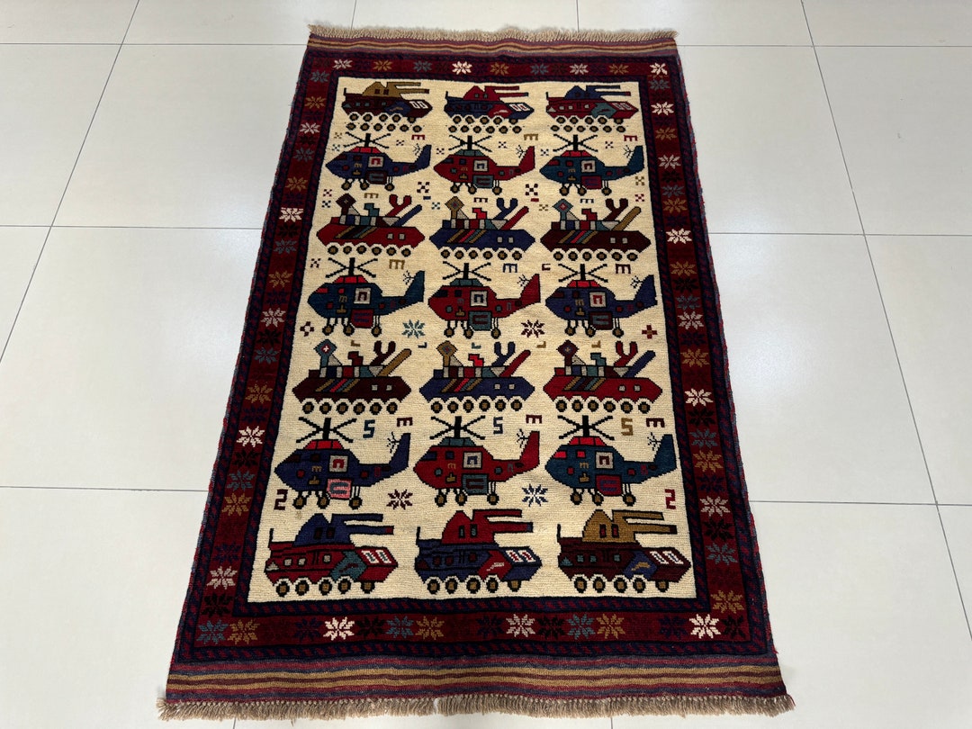 3x5 White Color War Rug - Aero Plane Rug - Afghan War Rug - Grenade Rug ...