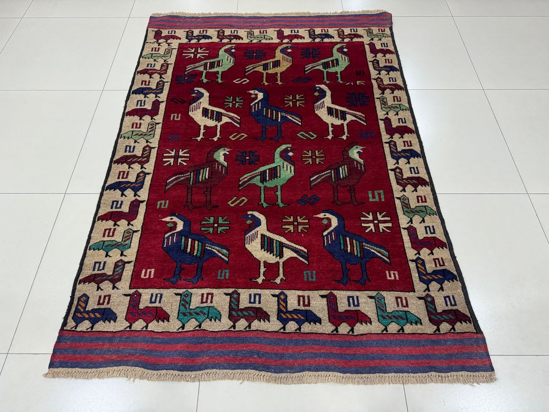4x6 Red Pictorial Rug - Pigeon Rug - Birds Rug - Afghan Rug - Baluchi ...