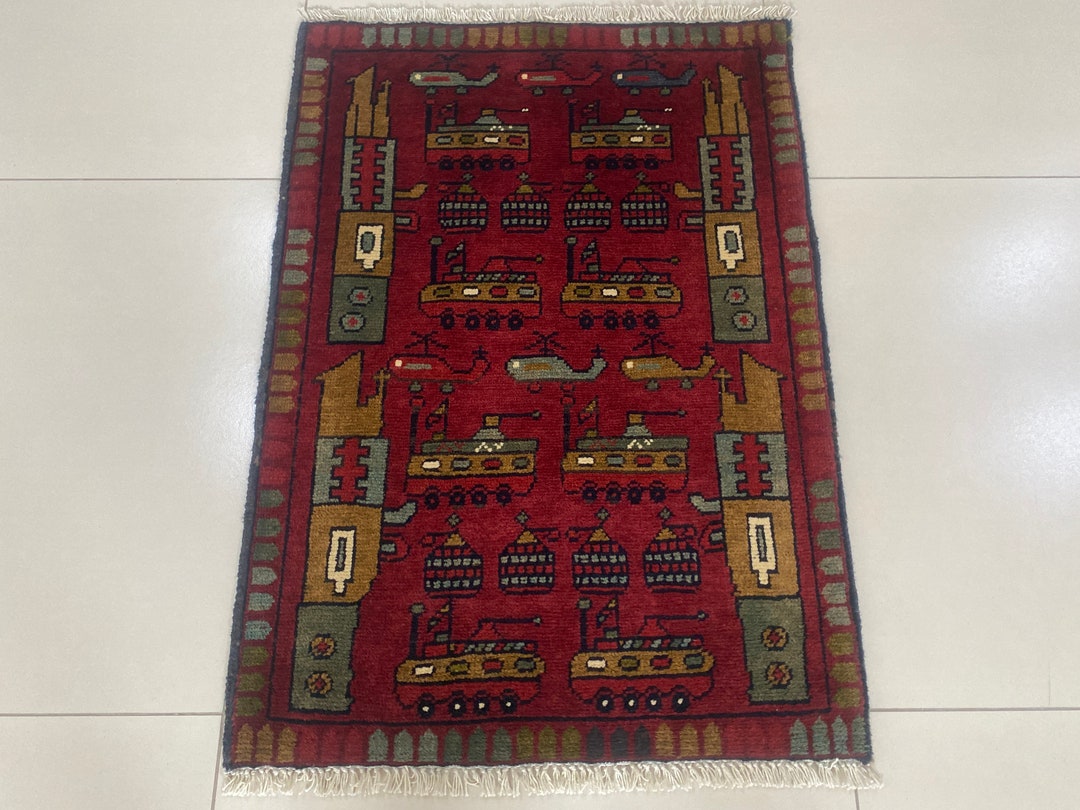 2x3 Maroon War Rug - Iconic Kalashnikov Rug - Afghan War Rug - Grenade ...
