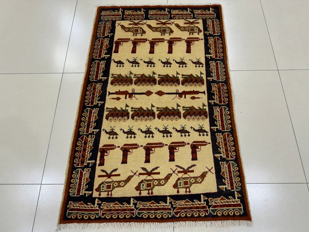 2.6x4 White War Rug Kalashnikov Rug Afghan War Rug Grenade Rug Rifle ...