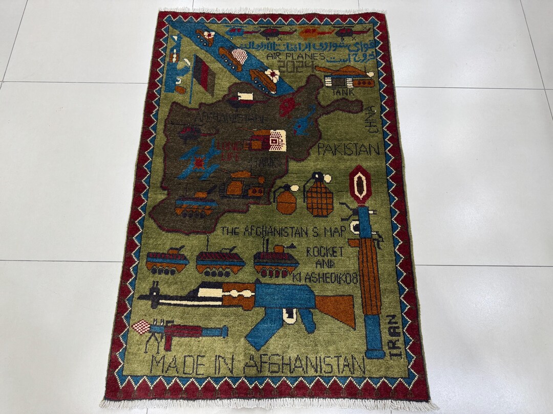 2.6x4 Green War Rug - Kalashnikov Rug - Afghan War Rug - Grenade Rug ...