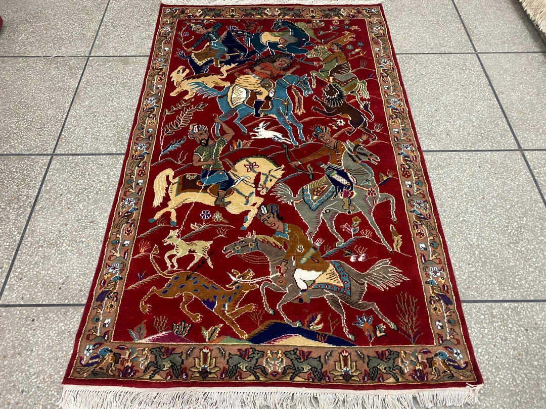 4x6 Burgundy Red Hunting Rug Dinning Table Rug Hunt Rug Pure Silk Rug ...