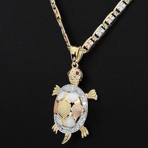 10k & 14k Solid Gold Turtle Open Back Pendant Necklace for Women Girl / Tricolor Tourmaline Baby ...