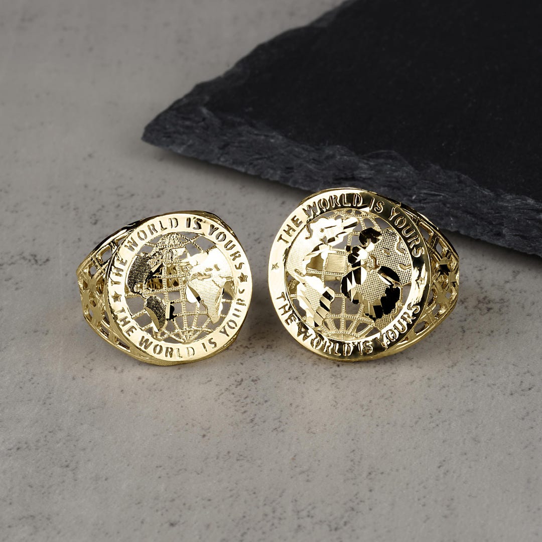 10k Solid Gold World is Yours Round Globe Ring for Boy Men / Unique ...