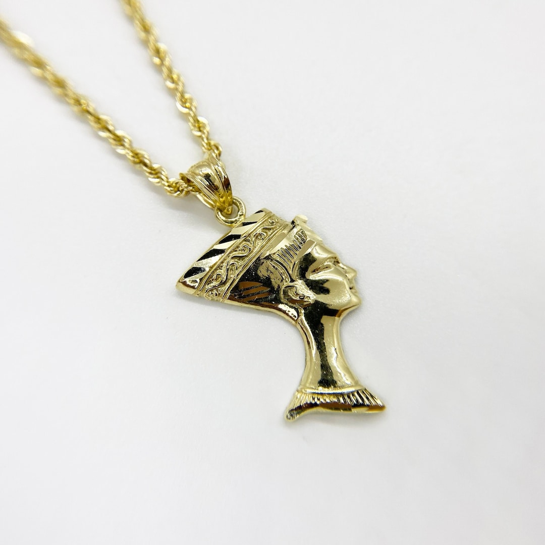 10k Solid Gold Queen Nefertiti Egyptian Pendant Charm Necklace for Men ...