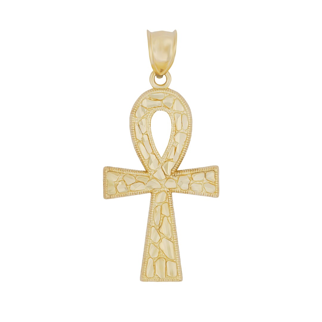 10k Solid Gold Nugget Ankh Celtic Cross Pendant Charm Necklace Unique ...
