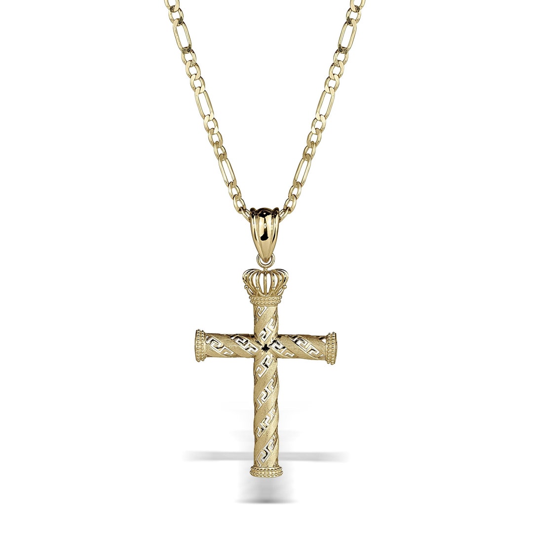 10k & 14k Gold Cross Jesus Greek Key Crown Cross Pendant Necklace ...