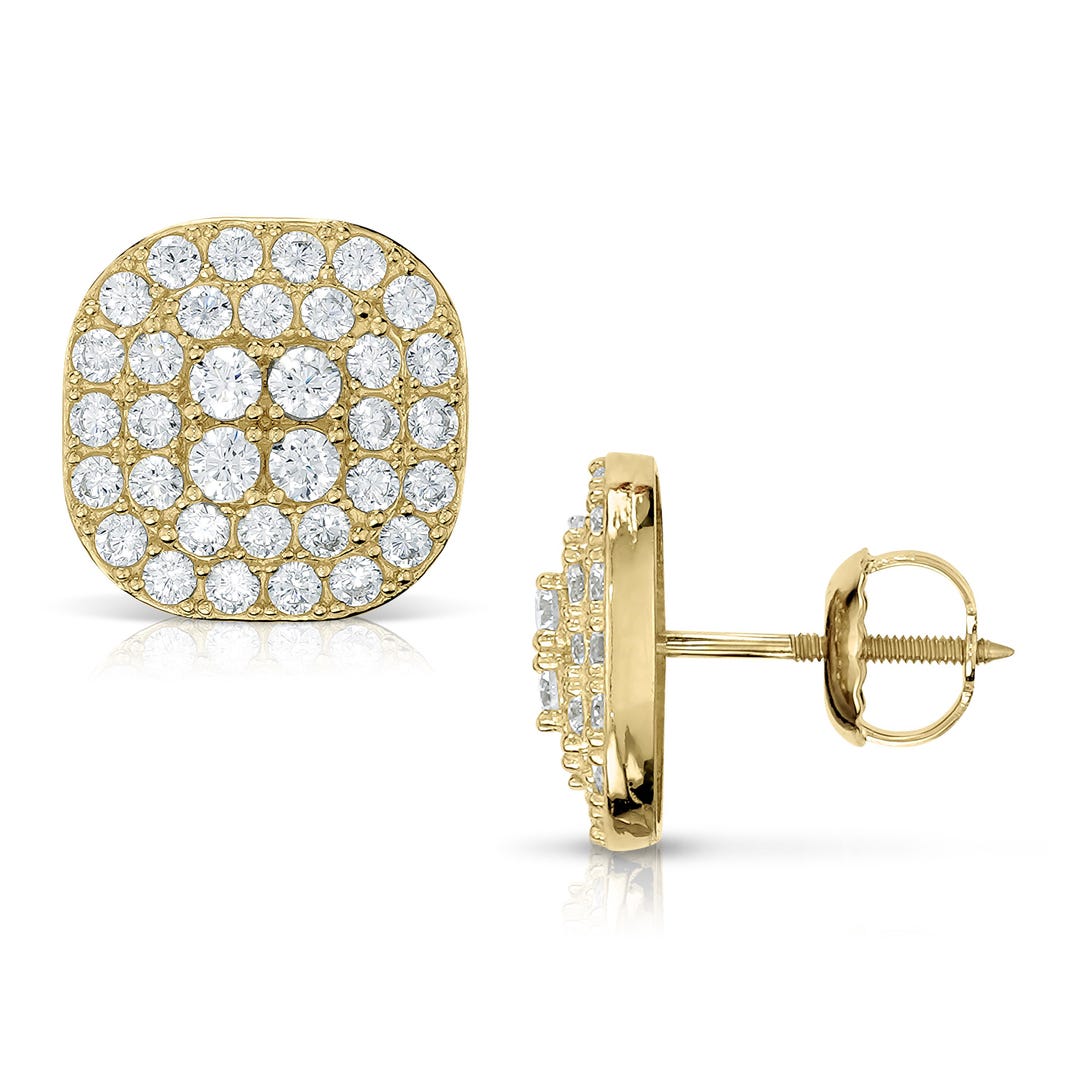 10k Solid Gold Round Square Iced Out CZ Stud Earrings With Screw Back ...