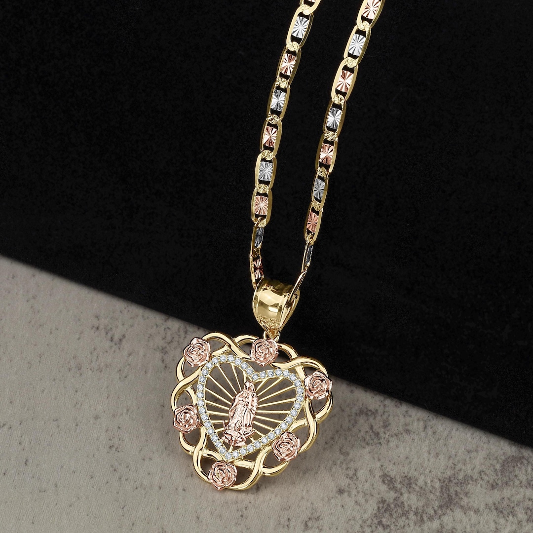10k & 14k Solid Gold Virgin Mary Virgen Maria Lady Guadalupe Rose Heart ...