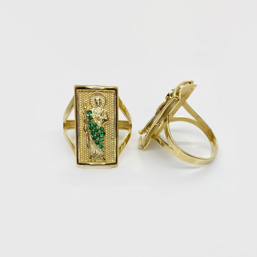 14k Solid Gold St Jude San Judas Ring With Green CZ Square Rectangular ...