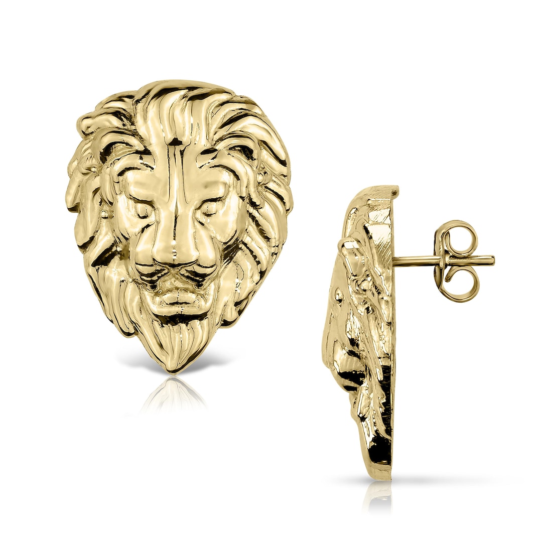 10k Solid Gold Lion Face Animal Stud Earrings Classic Push Back Design ...