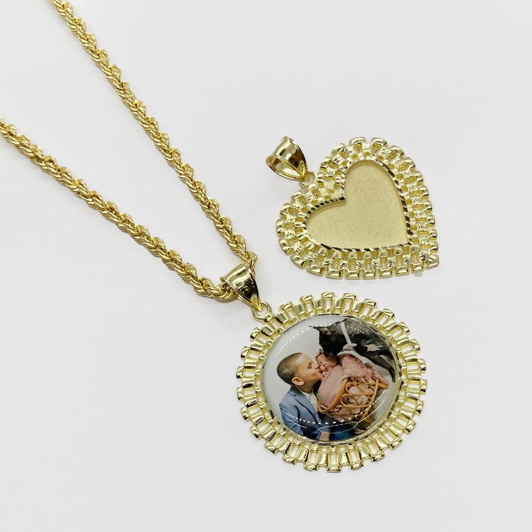 10K Solid Gold Round Heart Picture Photo Custom Frame Charm Pendant ...