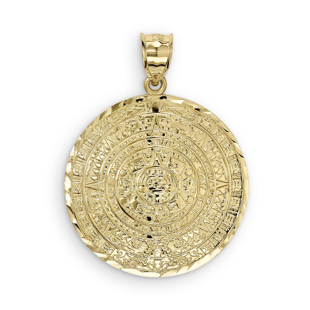 10k & 14k Solid Gold Classic Convex Aztec Mayan Calendar Charm Pendant ...